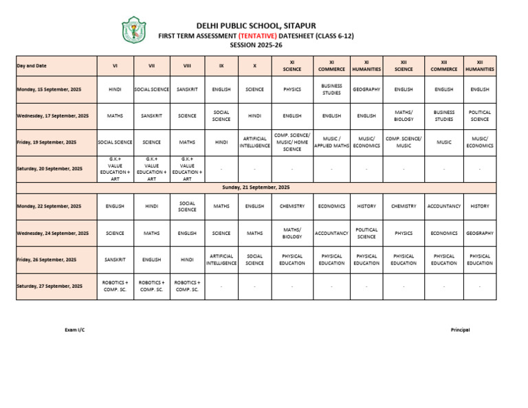 DPS Sitapur Class 6-12 Term Datesheet | PDF | Science