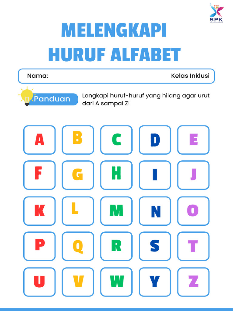 Melengkapi Huruf Alfabet Lembar Kerja Biru Ilustratif | PDF