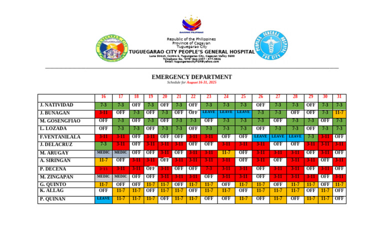 Tuguegarao City Hospital Emergency Schedule | PDF