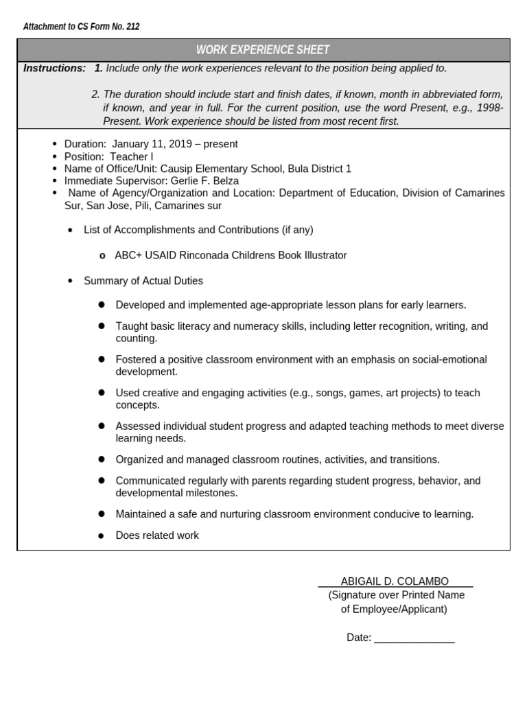 CS Form No. 212 Attachment - Work Experience Sheet | PDF