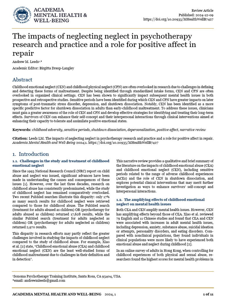 Neglect in Psychotherapy: Impacts & Interventions | PDF | Attachment ...