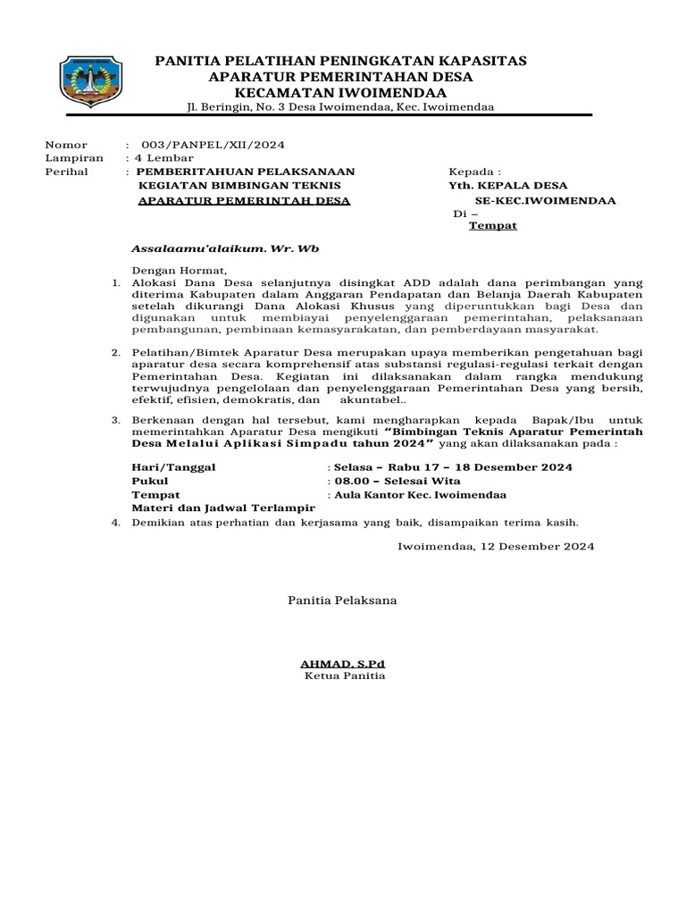 Surat Pelatihan Aplikasi Simpadu Tahun 2024 | PDF