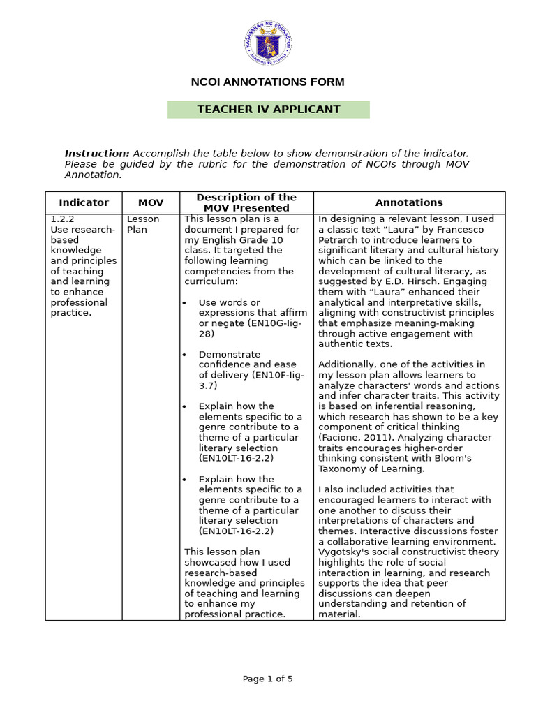 T IV NCOI Annotations Form | PDF | Learning | Lesson Plan