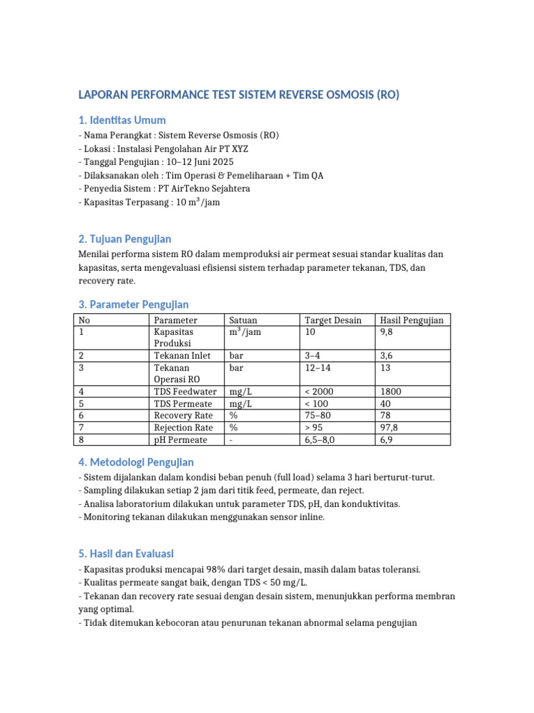 Uji Kinerja Sistem Reverse Osmosis RO | PDF