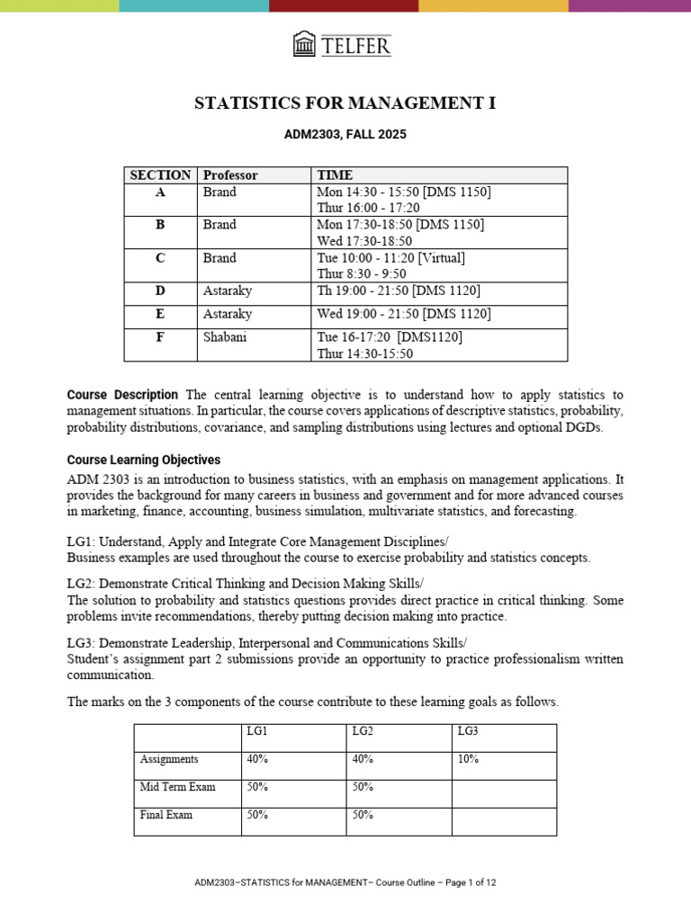 ADM2303 Course Outline: Statistics for Management | PDF | Probability ...