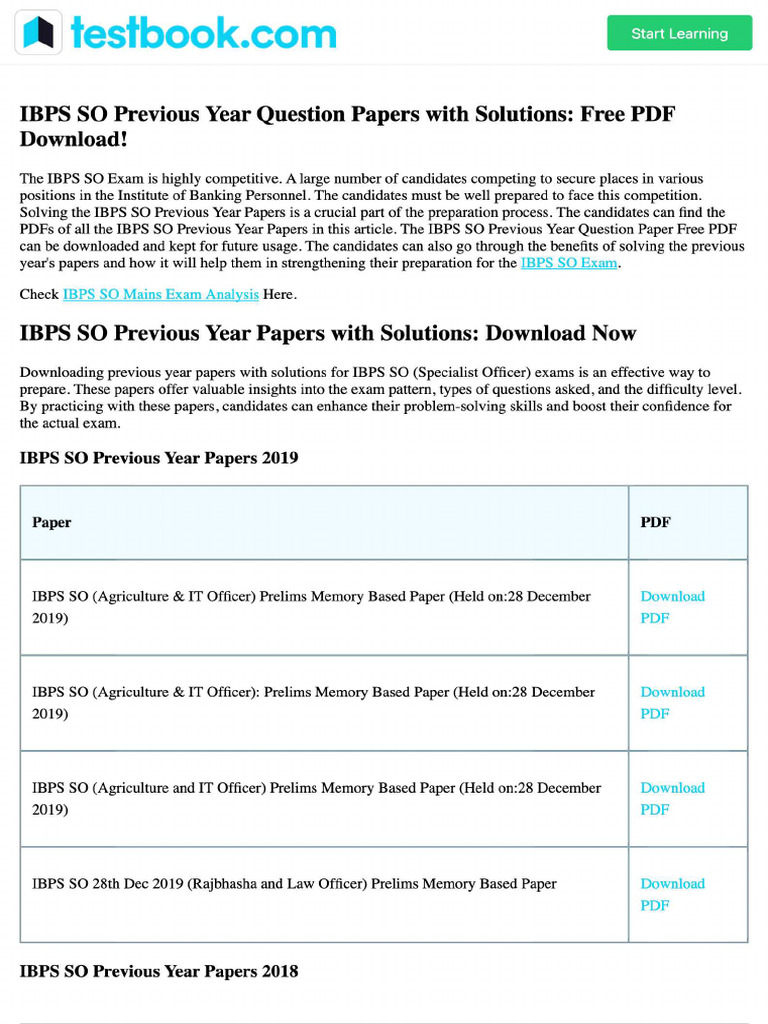 IBPS SO Previous Year Question Papers With Solutions - Free PDF ...