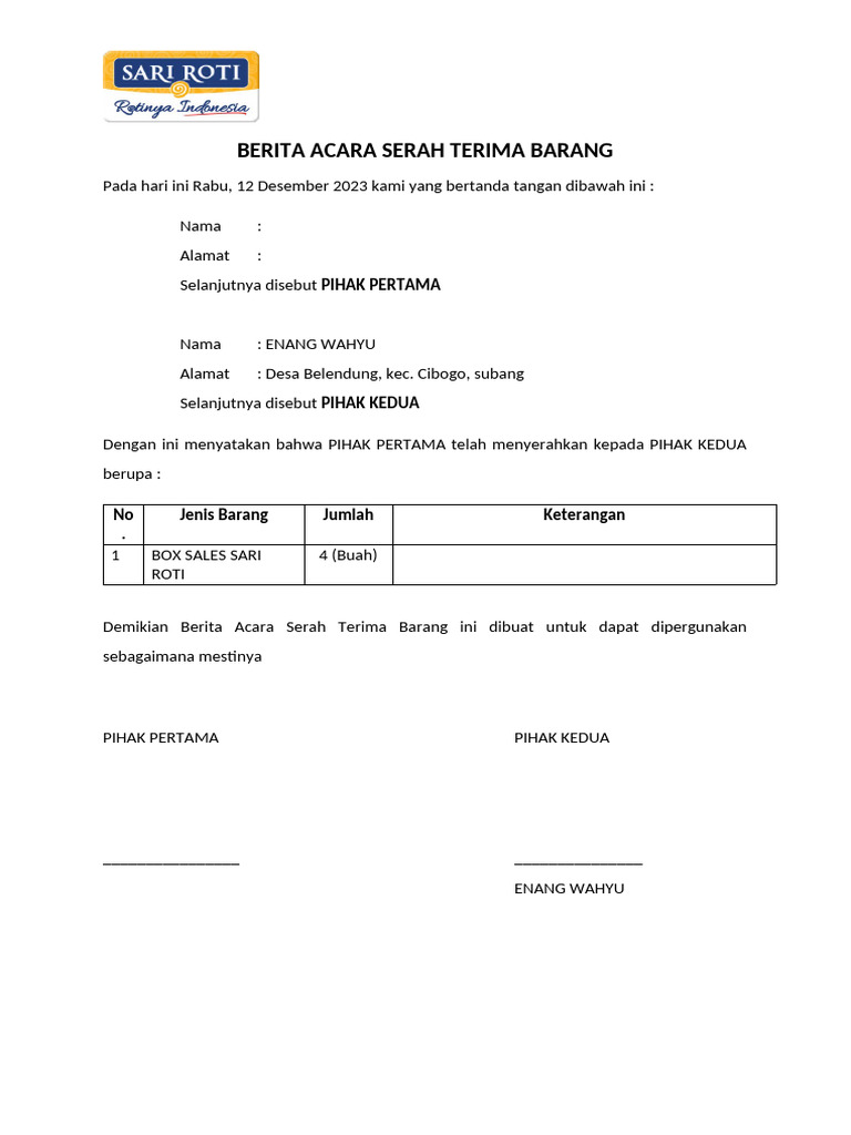Berita Acara Serah Terima Barang | PDF