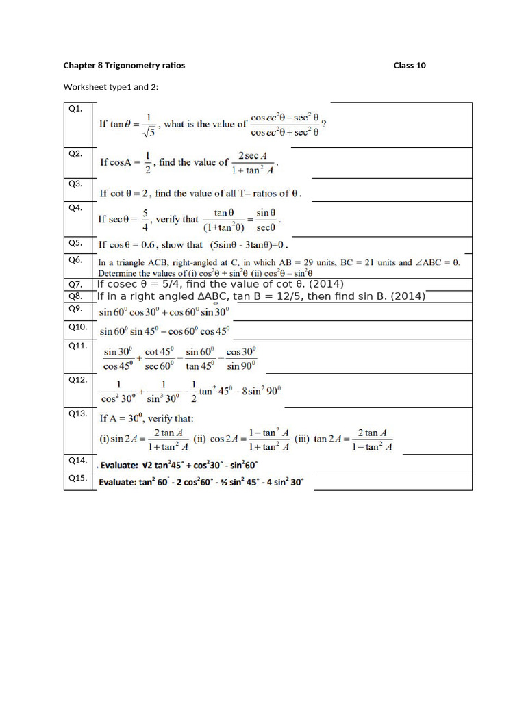 Chapter 8 Trigonometry Ratios Class 10 27oct | PDF