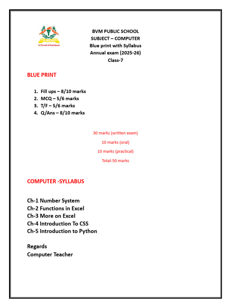 Blue Print Class-7 (Syllabus) | PDF