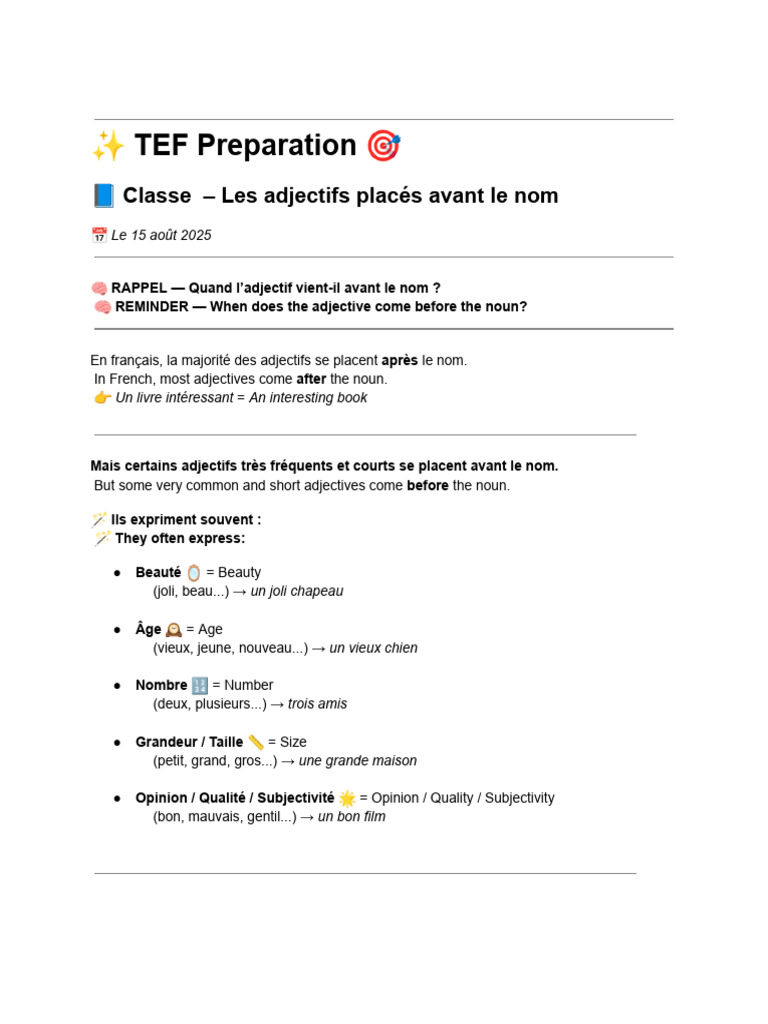Les Adjectifs Placés Avant Le Nom | PDF