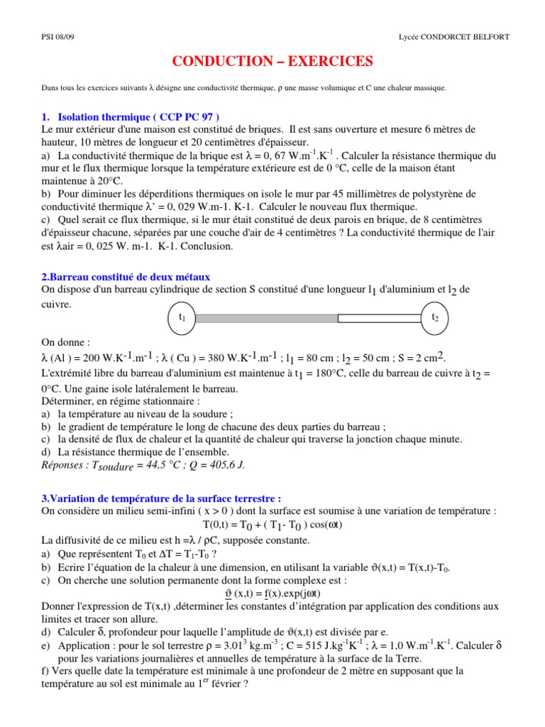 Exercices de Conduction Thermique | PDF | Conductivité thermique | Conduction thermique