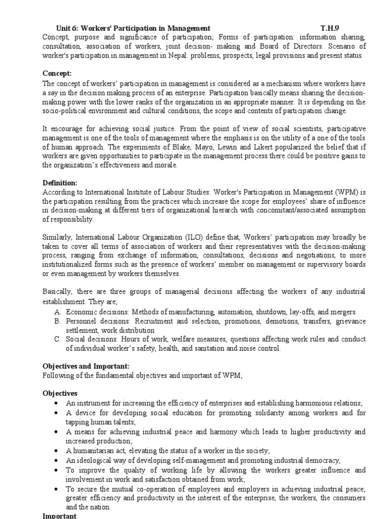 Unit - 6 Worker's Participation | PDF | Employment | Trade Union