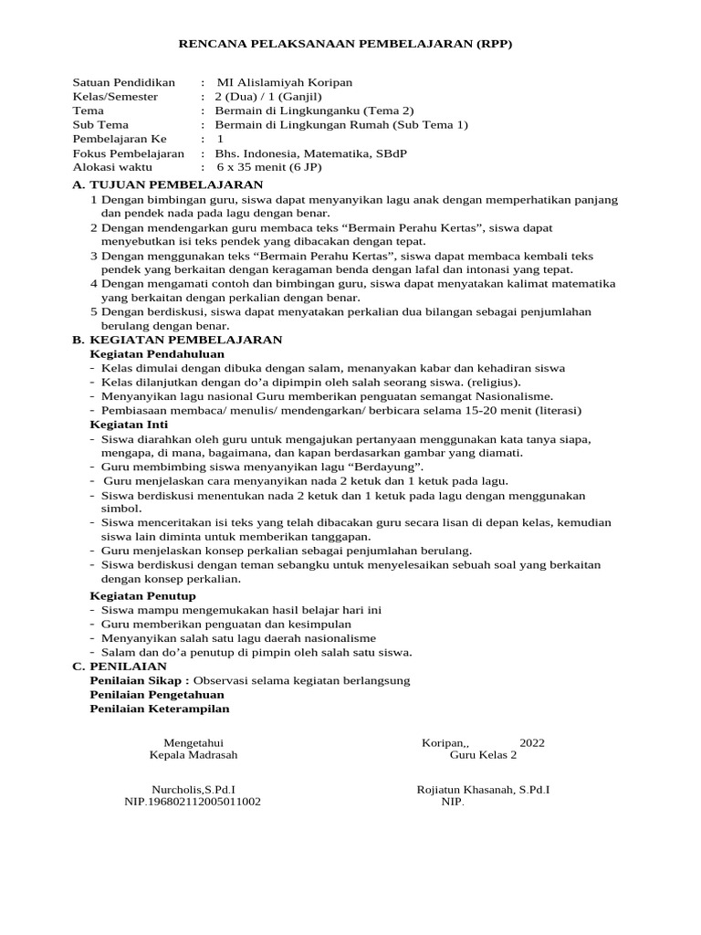 RPP 1 Lembar Kelas 2 Tema 2 Subtema 1 Ok | PDF