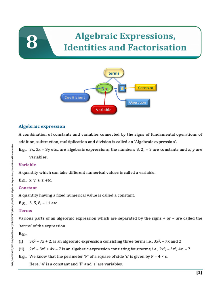 1 - Algebraic Expressions, Identities and Factorisation | PDF | Polynomial | Factorization