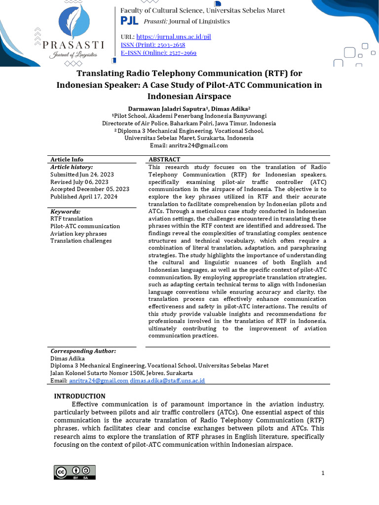 Translating Radio Telephony Communication (RTF) For Indonesian Speaker: A Case Study of Pilot ...
