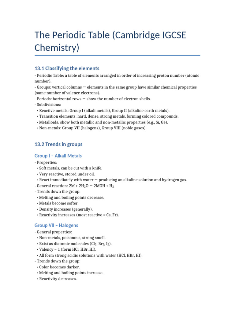 IGCSE Periodic Table Overview | PDF | Periodic Table | Chemical Reactions