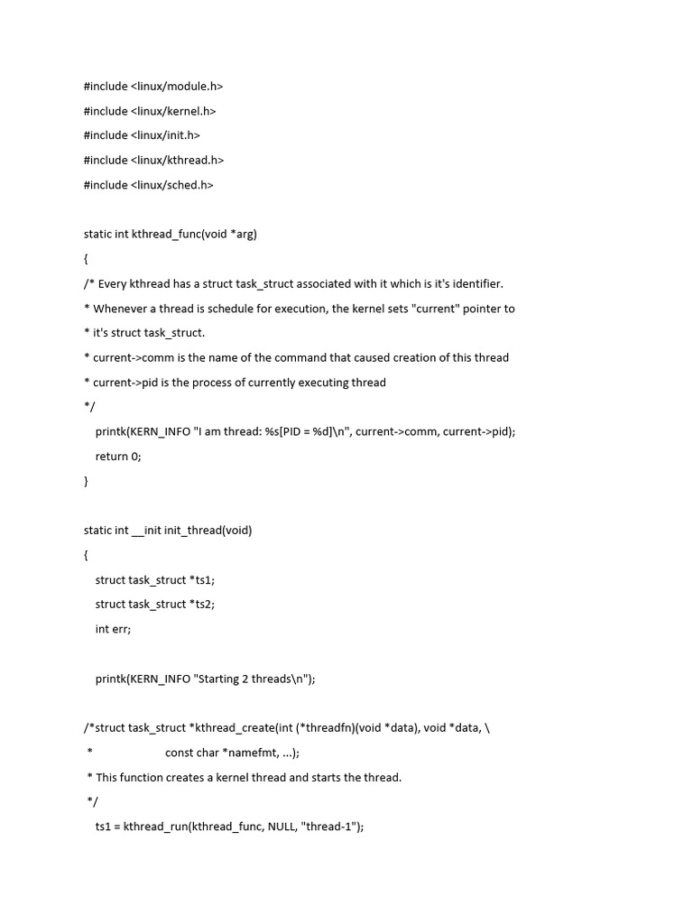 Linux Kernel Thread Creation Example | PDF