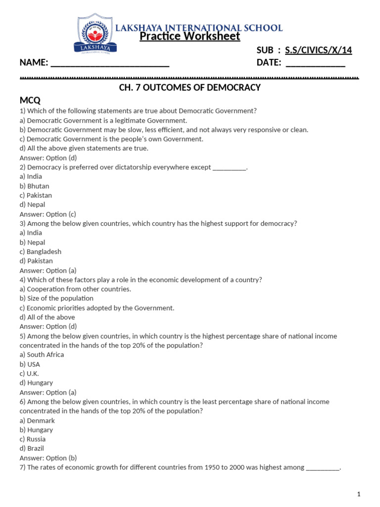 Solutions-Class 10 Civics Ch. 7 Outcomes of Democracy (Practice ...
