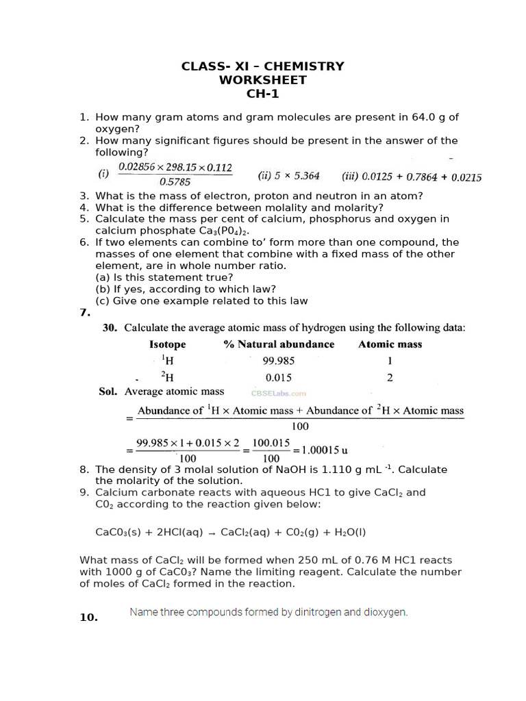 Revision Worksheet Ch-1 | PDF | Mole (Unit) | Molecules