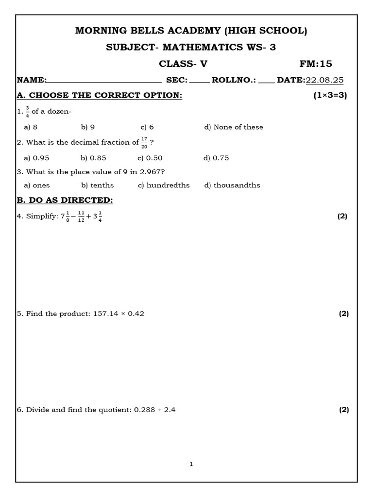 Mathematics Worksheet for Class V | PDF