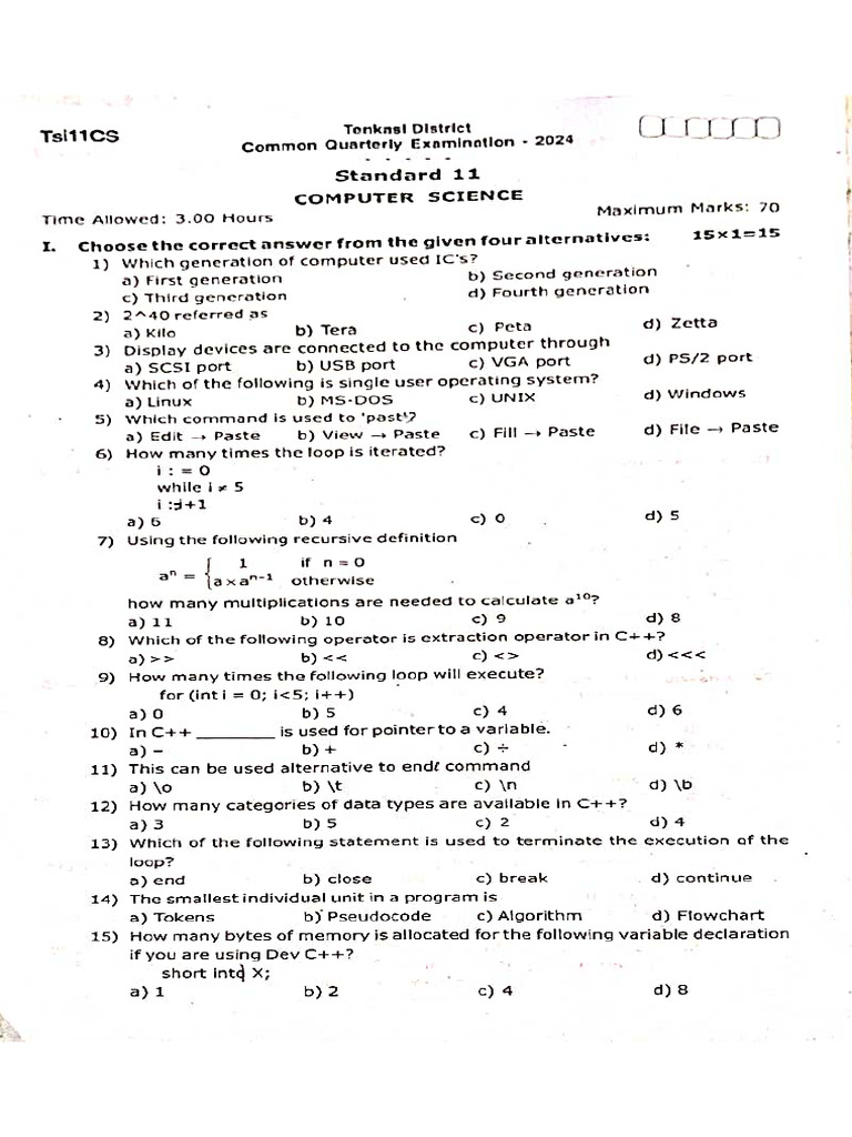 11th Computer Science Quarterly Exam 2024 Original Question Paper With ...