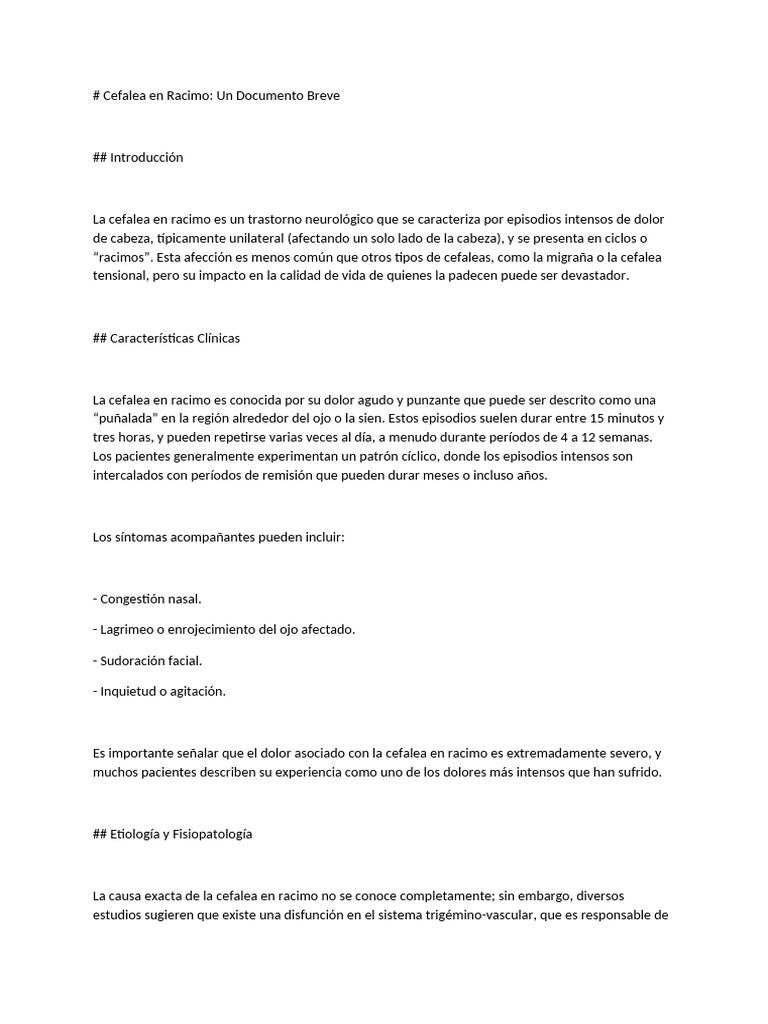 Cefalea en Racimo | PDF | Dolor de cabeza | Sistema nervioso