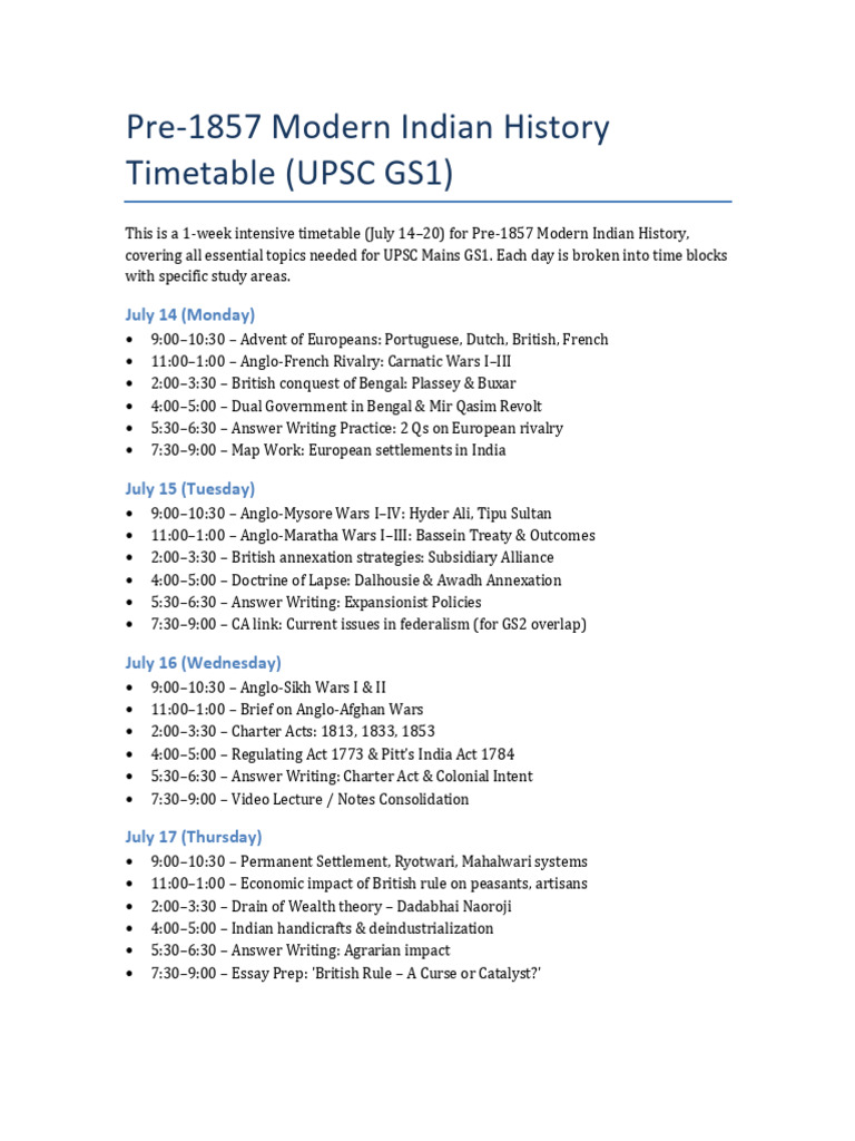 UPSC GS1 Pre-1857 History Timetable | PDF | British Empire | British India