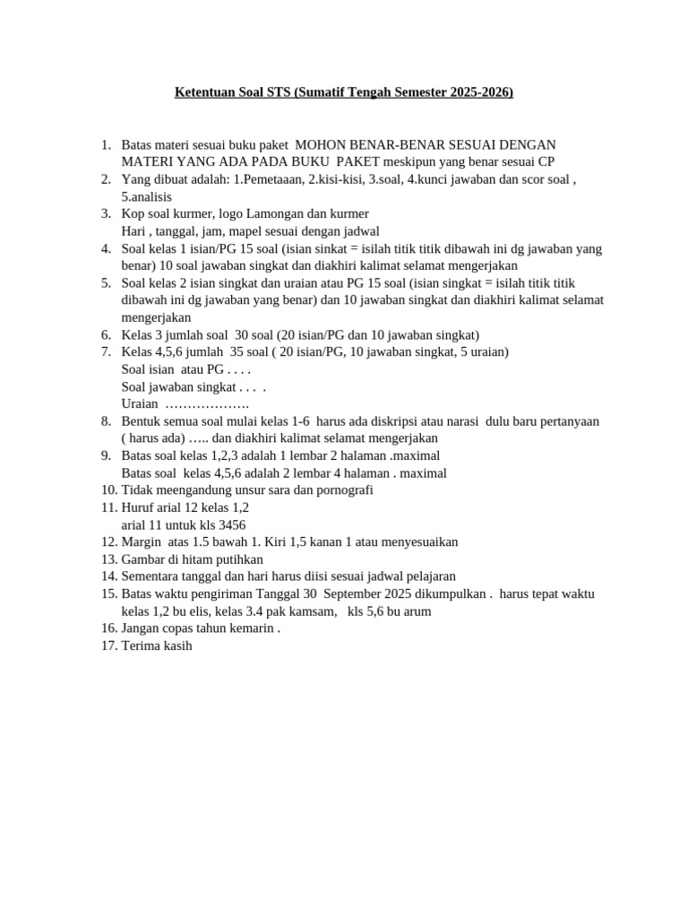 Panduan Soal STS Kelas 1-6 2025-2026 | PDF