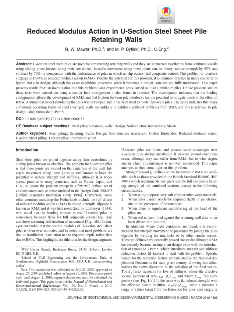Reduced Modulus Action in U-Section Steel Sheet Pile Retaining Walls | PDF | Beam (Structure ...