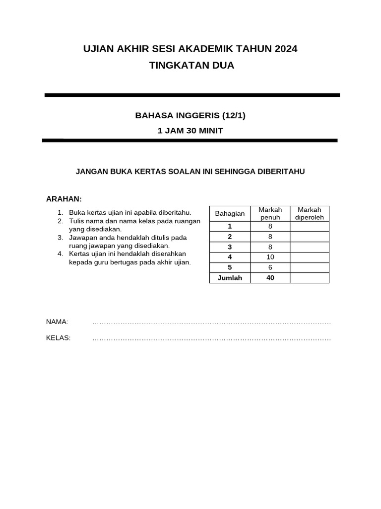 UASA Form 2 English Exam 2024 | PDF