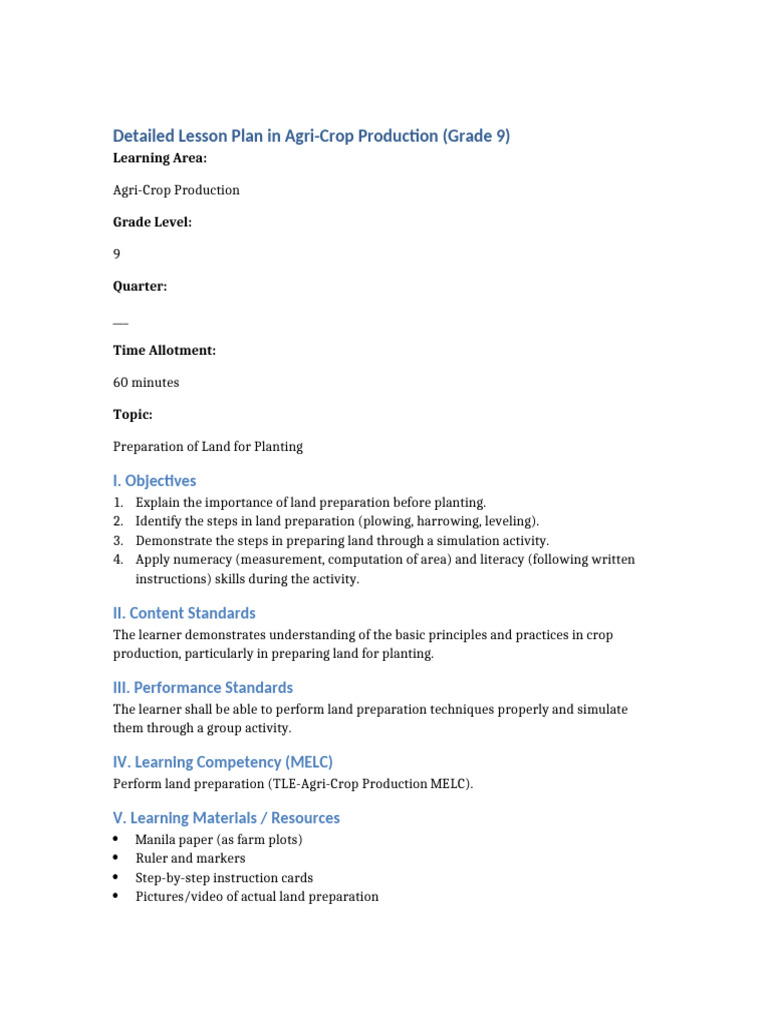 Grade 9 Land Preparation Lesson Plan | PDF | Learning | Simulation