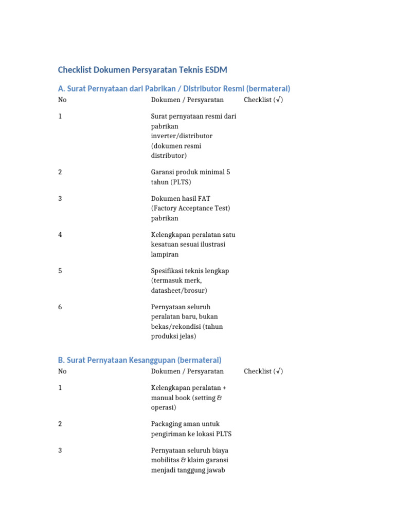 Checklist Persyaratan Teknis ESDM | PDF