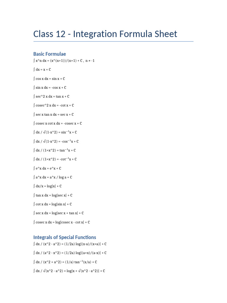 Integration Formula Sheet Class12 | PDF