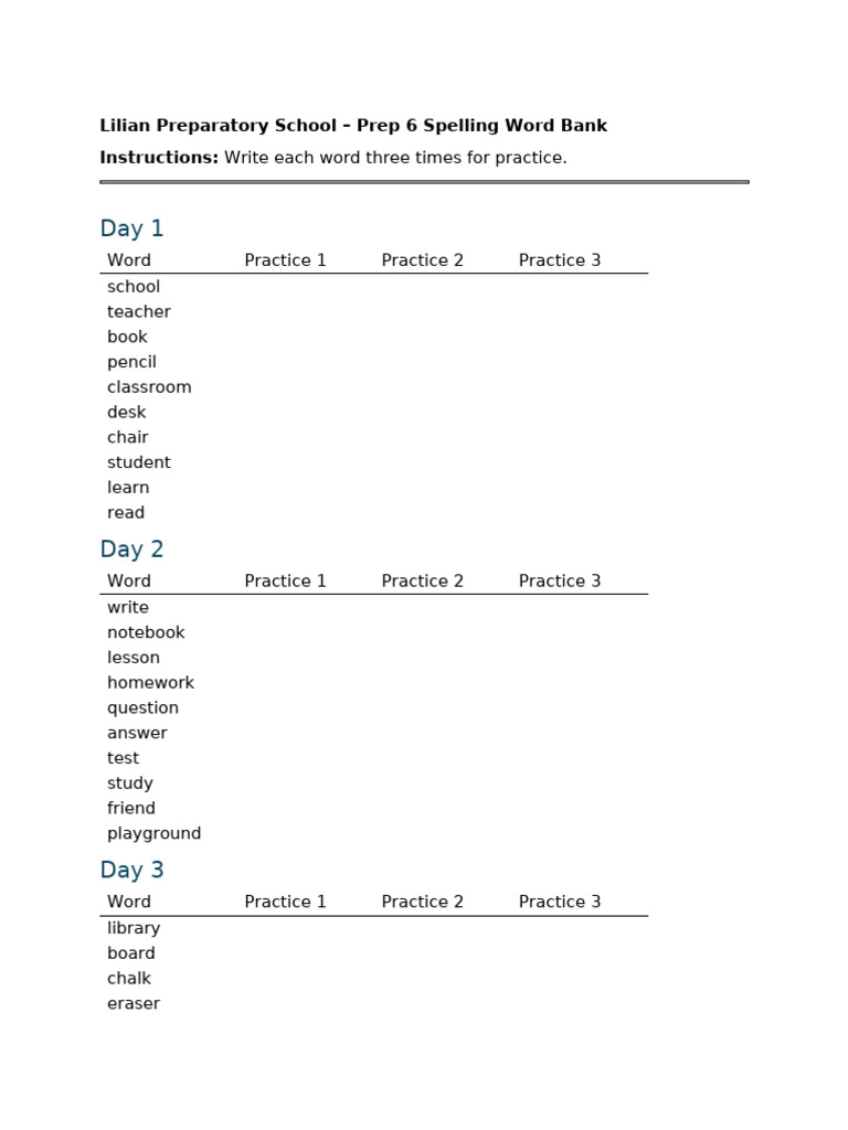 Prep6 Spelling Word Bank-3 | PDF