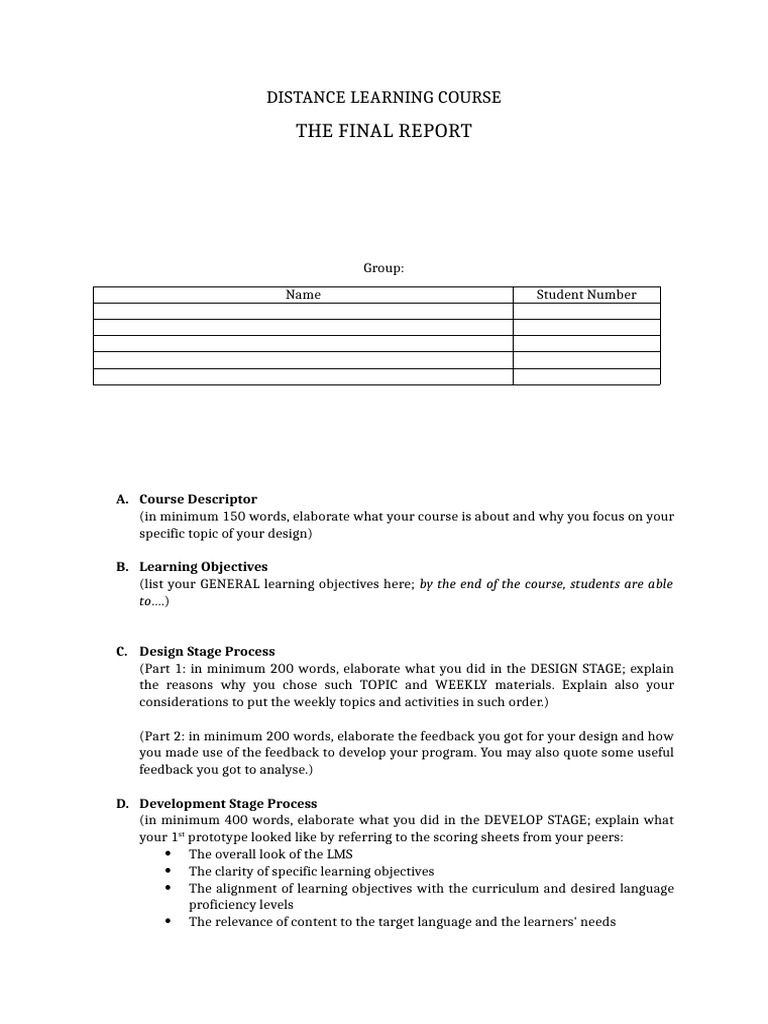Final Report Format Distance Learning Course | PDF | Teaching | Pedagogy