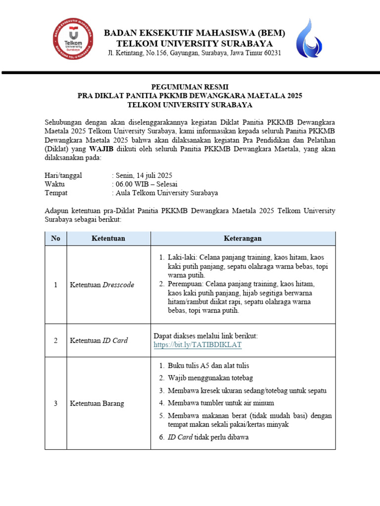 Pra Diklat Panitia PKKMB 2025 Telkom Univ. | PDF