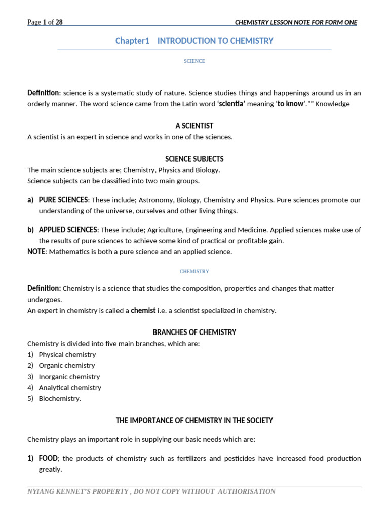 Form One Chemistry Lesson Notes | PDF | Mixture | Water