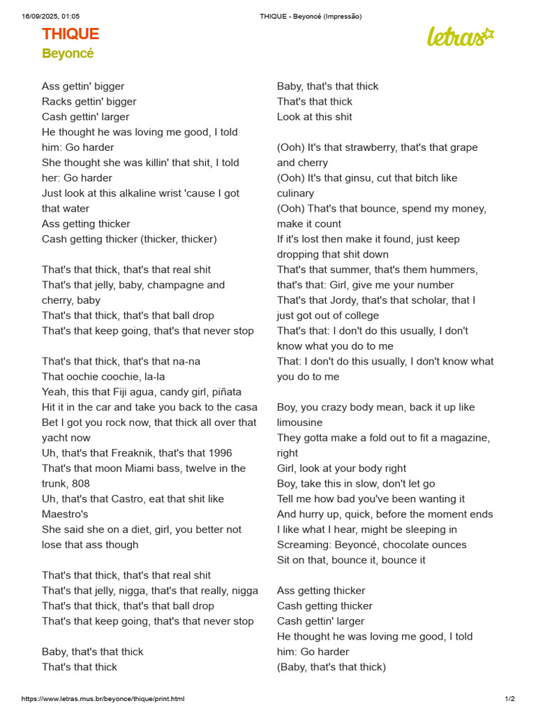 Beyoncé's "Thique" Lyrics Analysis | PDF | Beyoncé