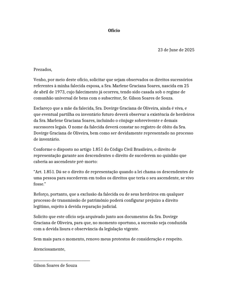 Oficio Herdeiros Gilson Marlene | PDF