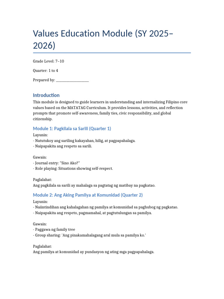 Values Education Modules 2025 2026 | PDF