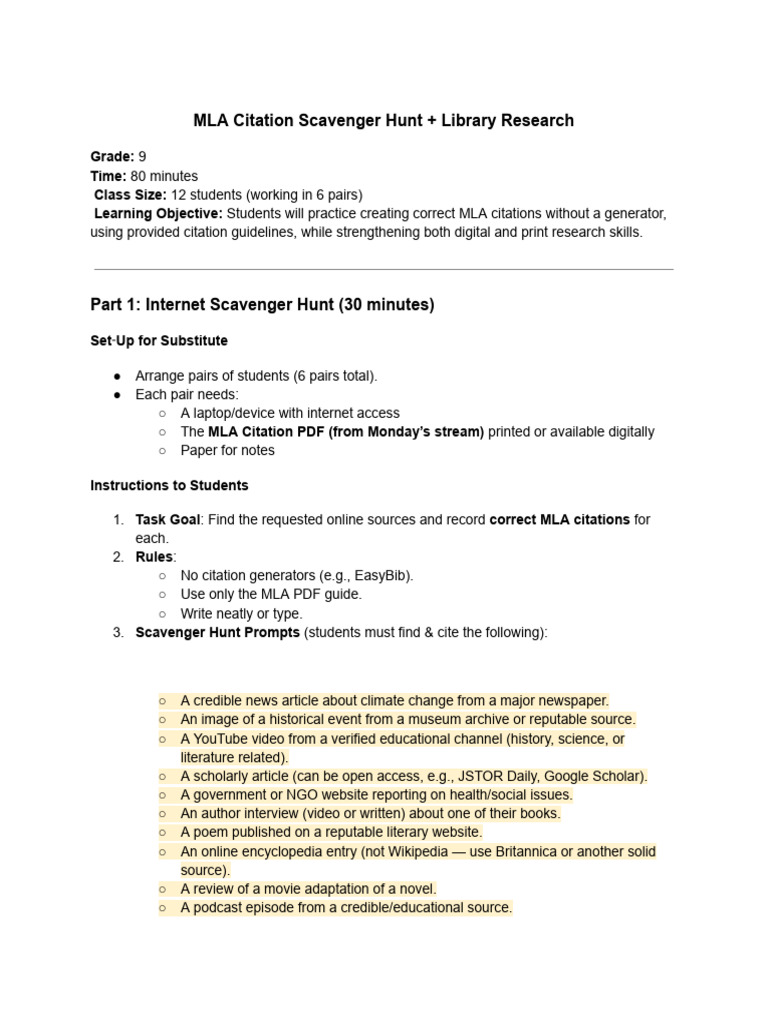 MLA Citation Scavenger Hunt Activity | PDF | Human Communication ...
