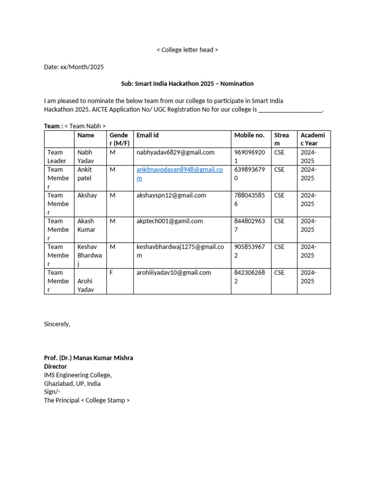 College Authorization Letter SIH2025 | PDF