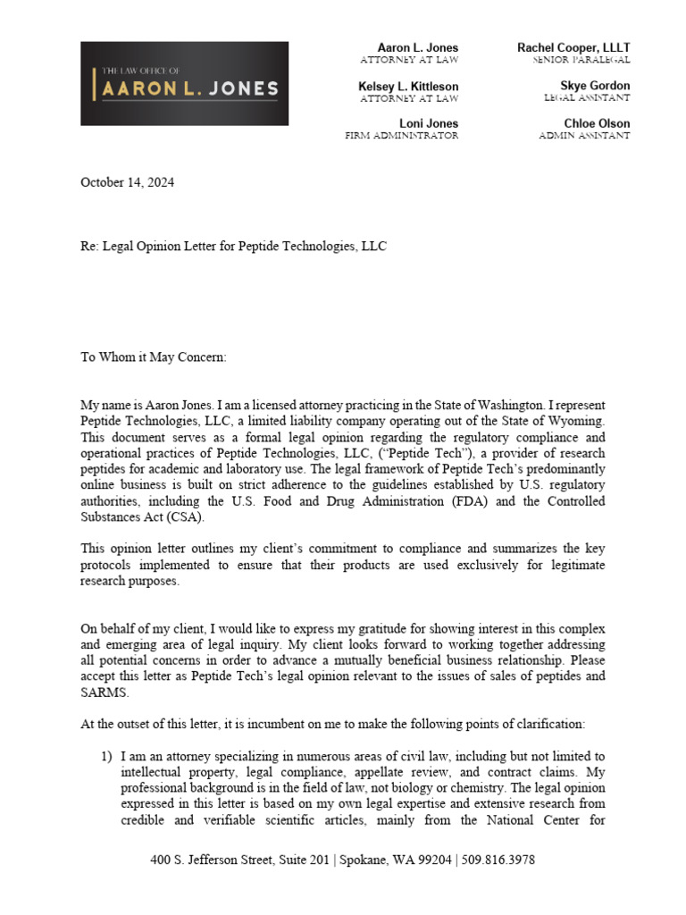 Legal Opinion on Peptide Technologies | PDF | Food And Drug ...
