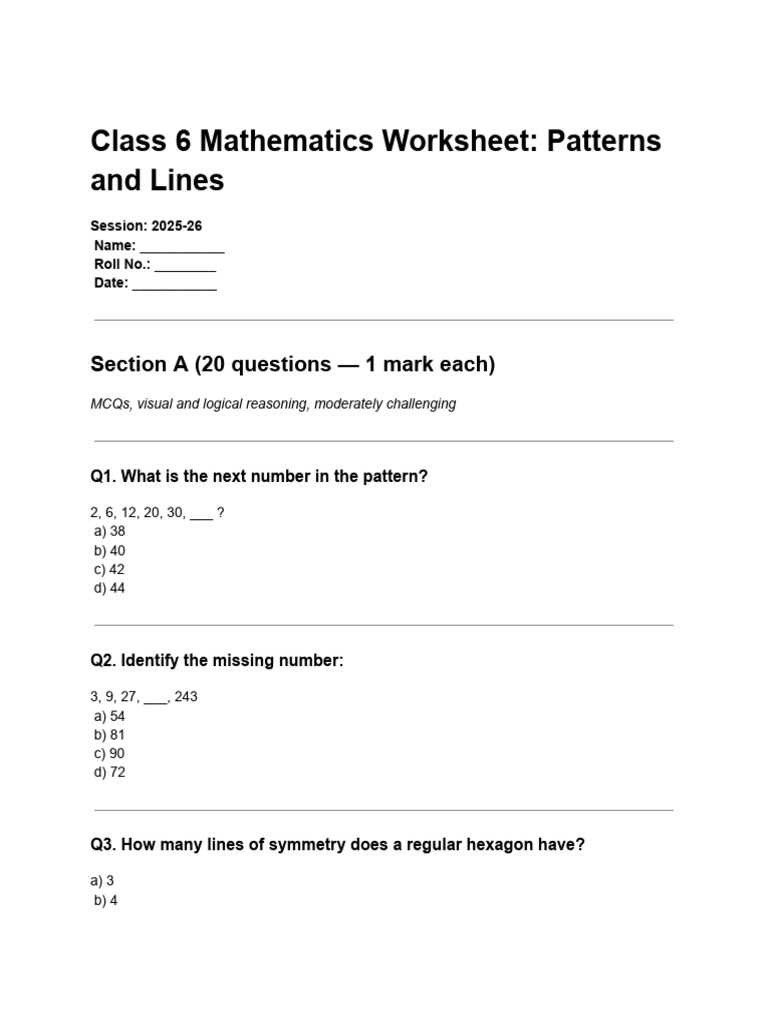 Class 6 Math Worksheet on Patterns & Lines | PDF | Perpendicular ...