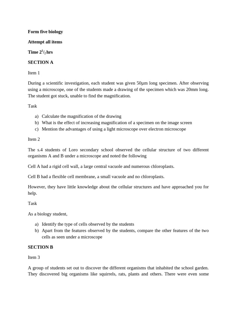 Form Five Biology Practical Exam Guide | PDF