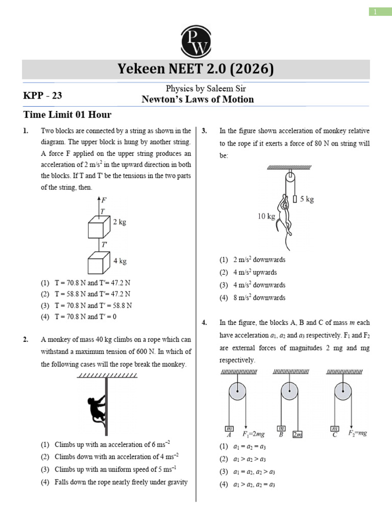NEET 2026 Physics Questions on Motion | PDF | Tension (Physics) | Force