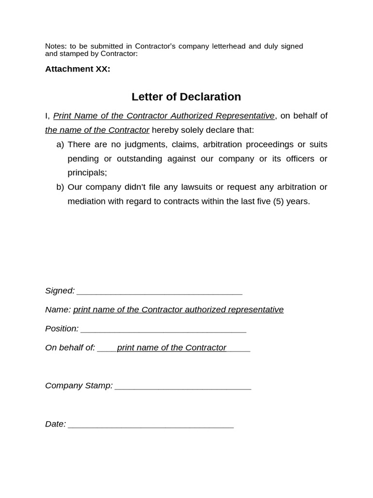 Contractor Letter of Declaration Template | PDF