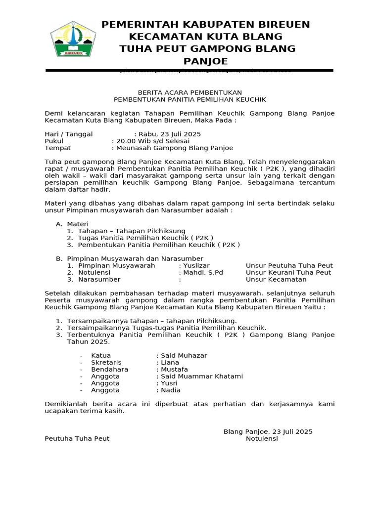 Berita Acara Pembentukan p2k | PDF