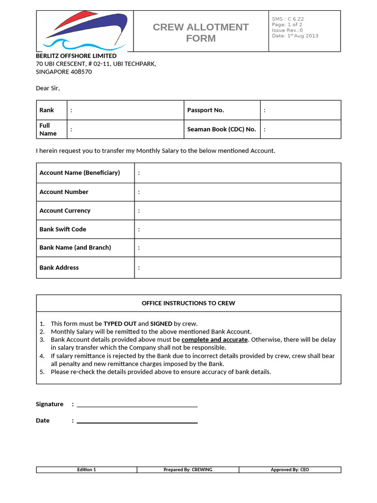Crew Salary Transfer Request Form | PDF