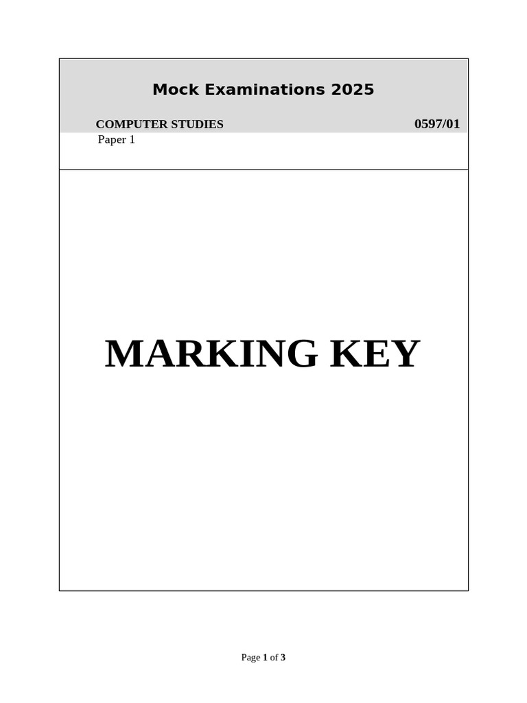 Computer Studies 2025 Mock Exam Marking Key Paper 1 | PDF | Spreadsheet ...